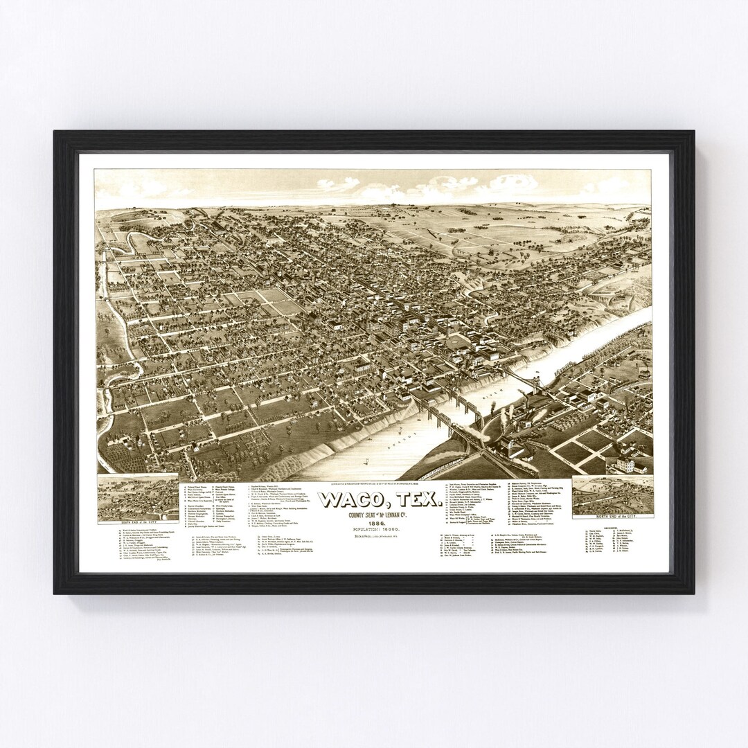 Waco Map 1886 - Old Map of Waco Texas Art Vintage Print Framed Canvas ...
