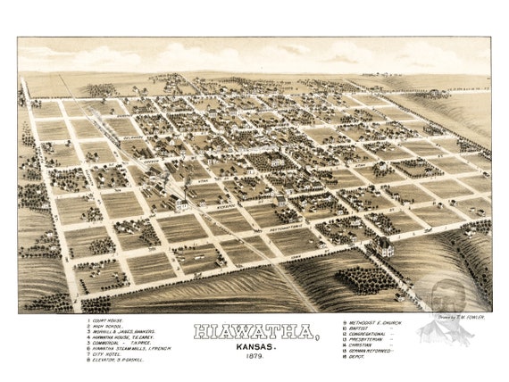 Giclée Prints Kansas Map 1879 Hiawatha Historic Birds Eye View Vintage ...