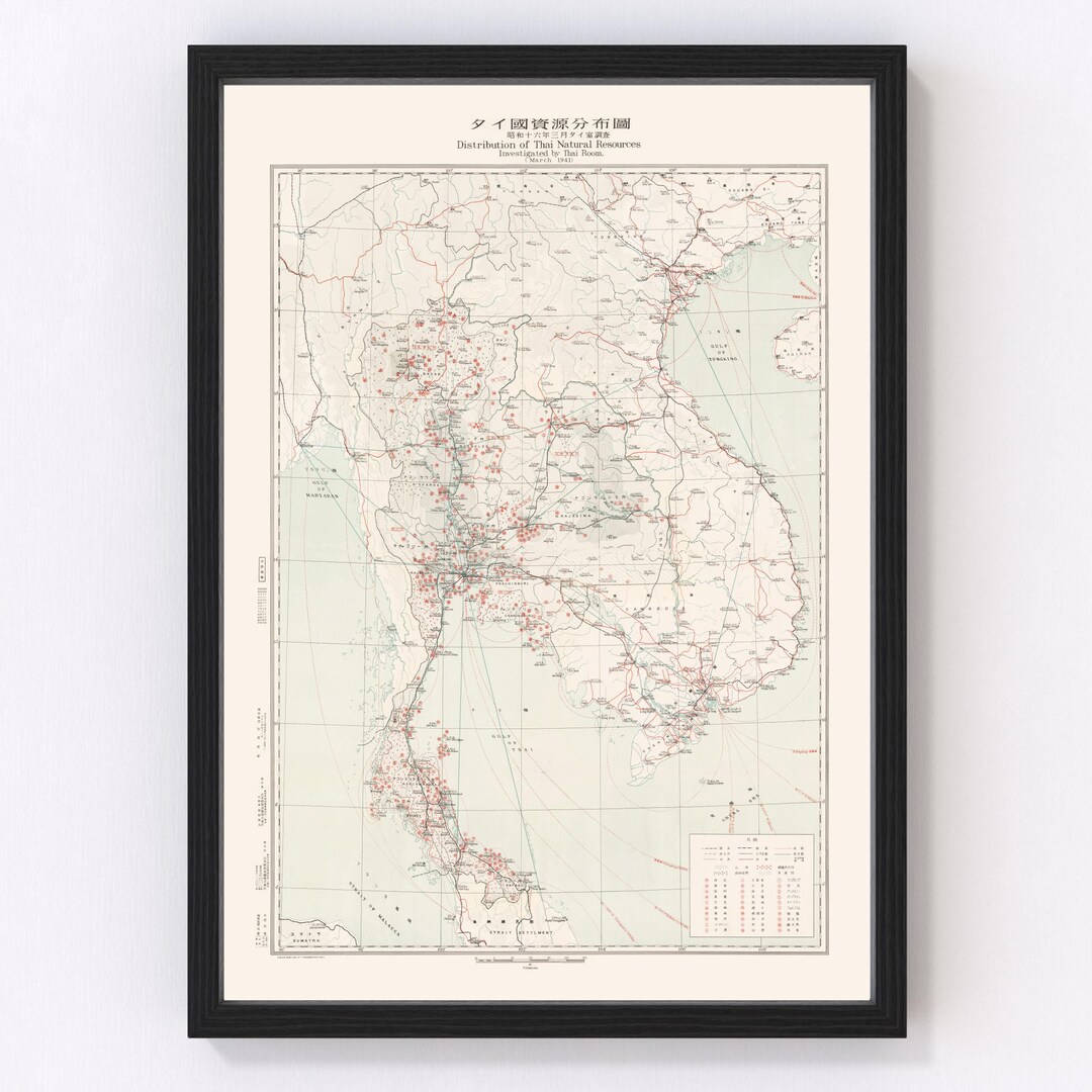Thailand Map 1941, Vintage Thailand Map, Old Thailand Art, Wall Art ...