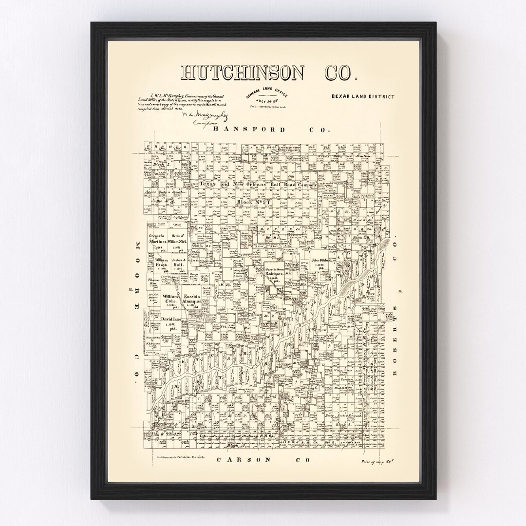 Hutchinson County Texas Map 1891 Old Map of Hutchinson County Texas Art ...