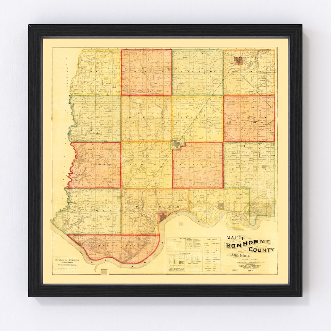 Bon Homme County Map 1893, Vintage Bon Homme County Map, Old Bon Homme ...