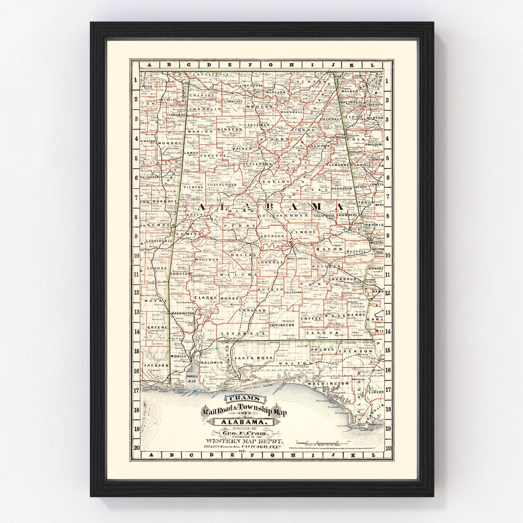 Alabama Railroad Map 1882 Old Railroad Map of Alabama Art Vintage Print ...