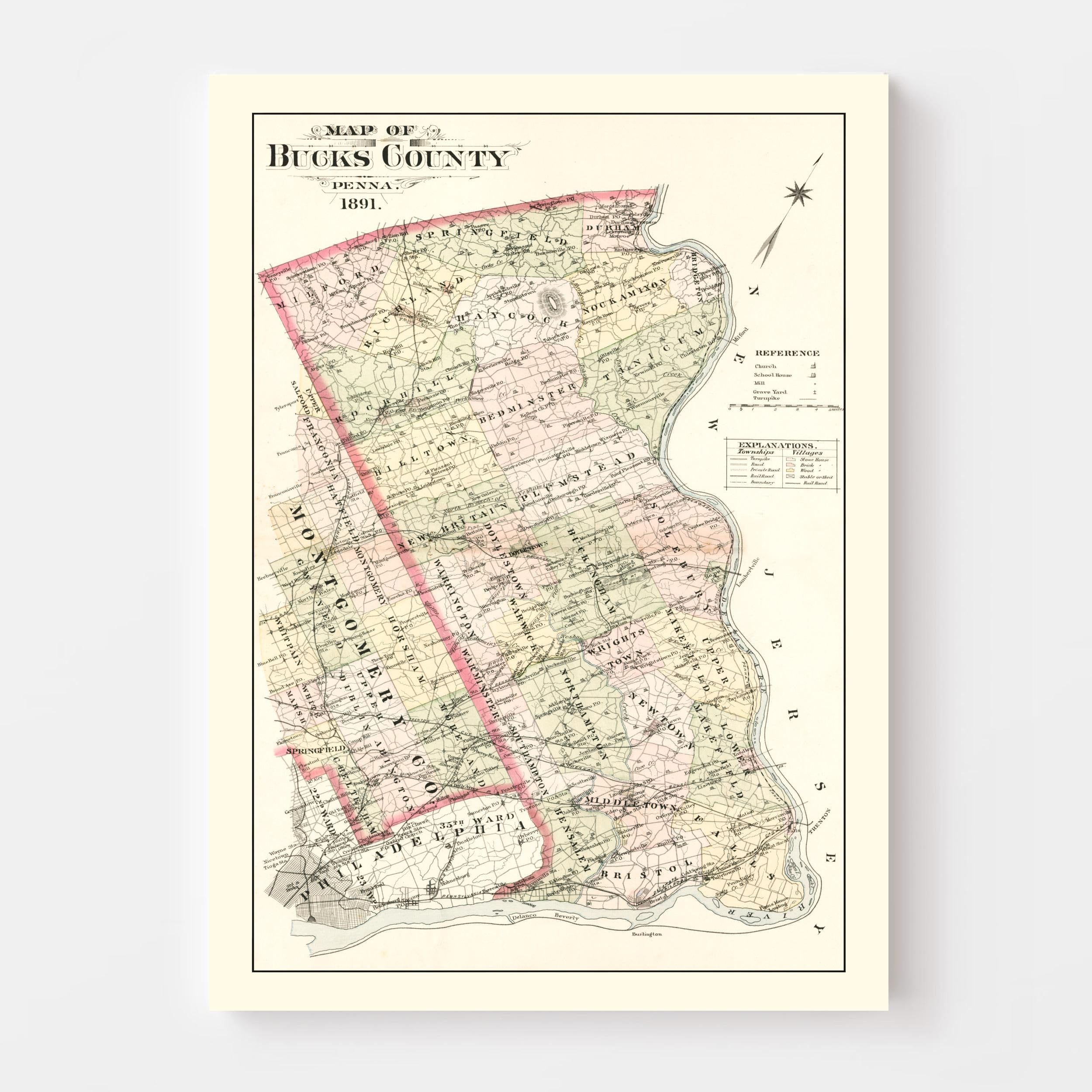 Bucks County Map 1891, Vintage Bucks County Map, Old Bucks County ...