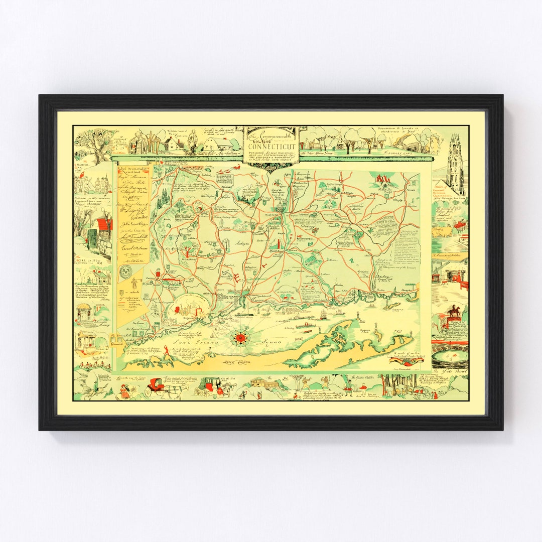 Connecticut Map 1926 Old Map of Connecticut Art Vintage Print Framed ...