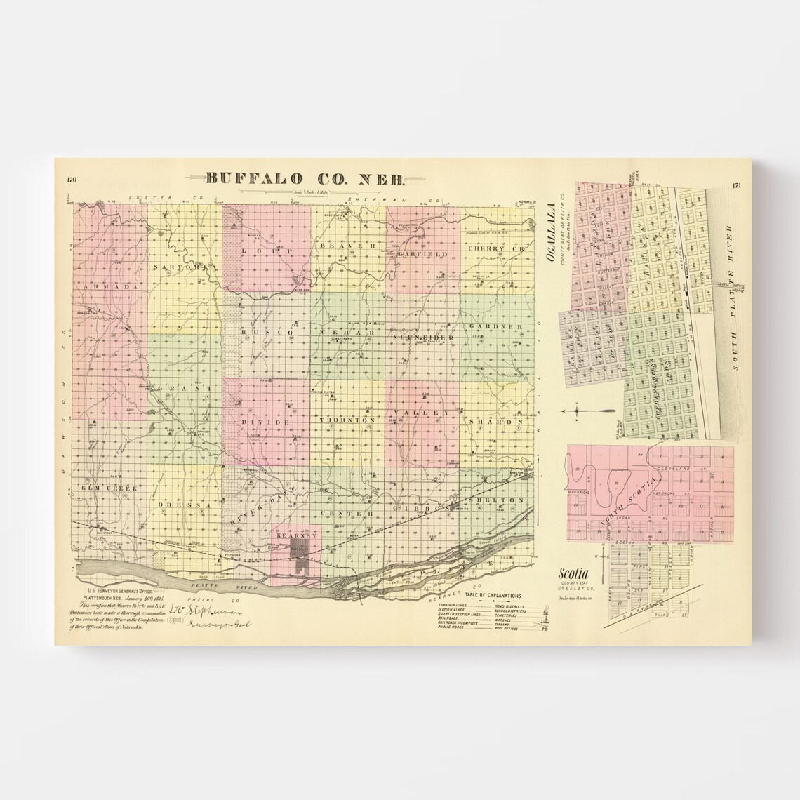 Buffalo County NE Map 1885 Old Map of Kearney Nebraska Art - Etsy