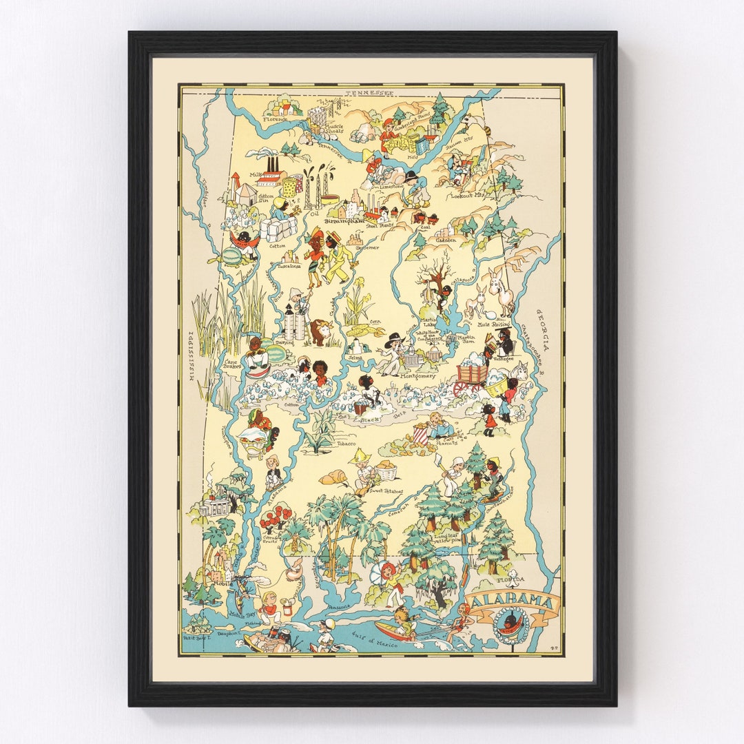Alabama Map 1935 Old Map of Alabama Art Vintage Print Framed Wall Art ...