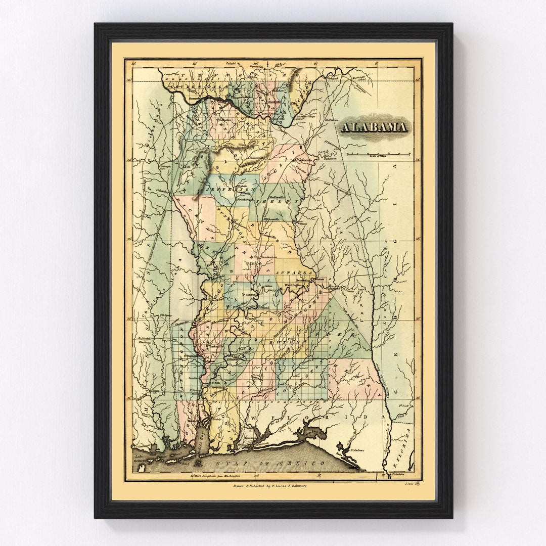 Alabama Map 1826 Old Map of Alabama Art Vintage Print Framed Wall Art ...