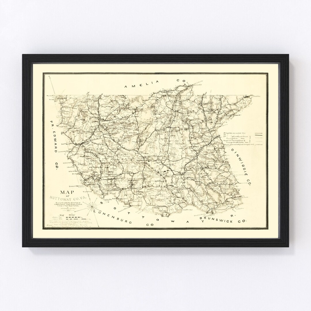 Nottoway County Map 1864, Vintage Nottoway County Map, Old Nottoway ...