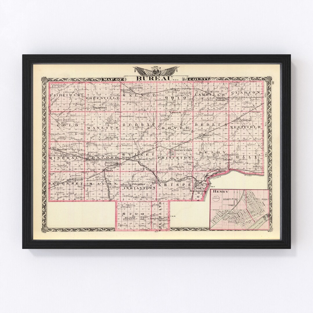 Bureau County Map 1876, Vintage Bureau County Map, Old Bureau County ...