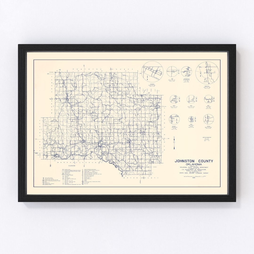Johnston County OK Map 1936 Old Map of Oklahoma Art Vintage Print ...
