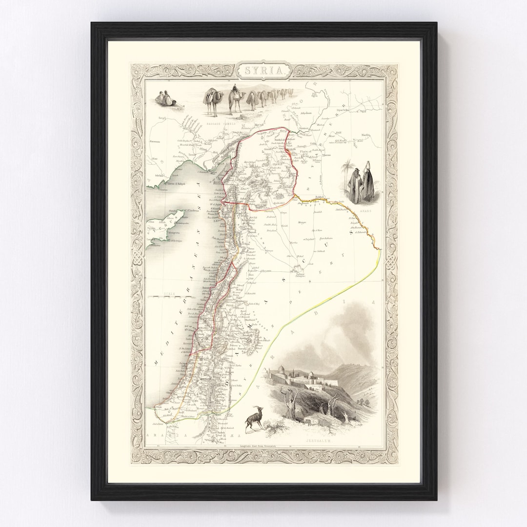Syria Map Art - Vintage Print From 1851 - Old Syria Art - Framed or ...