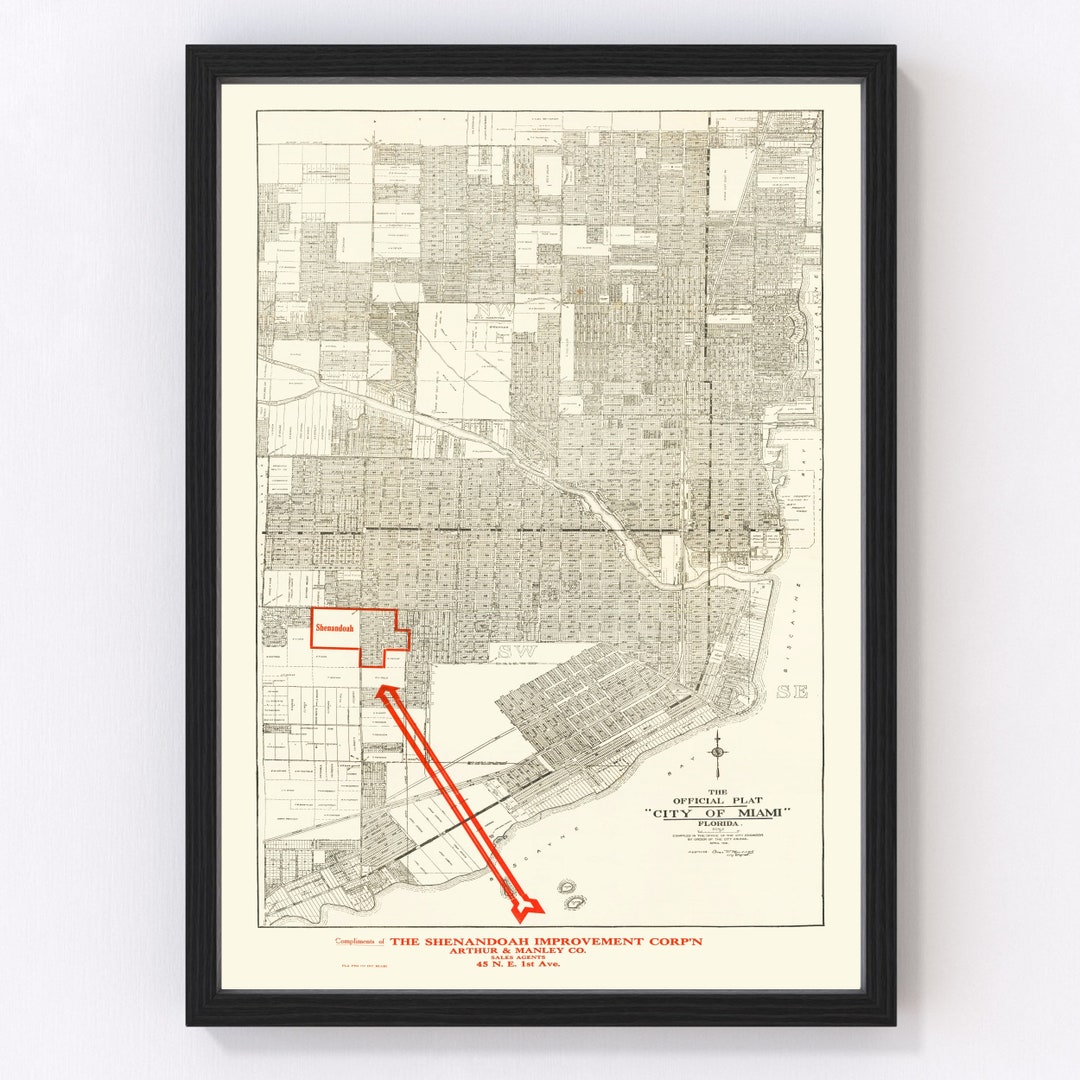 Miami Map 1918 Old Map of Miami Florida Art Vintage Print Framed Canvas ...