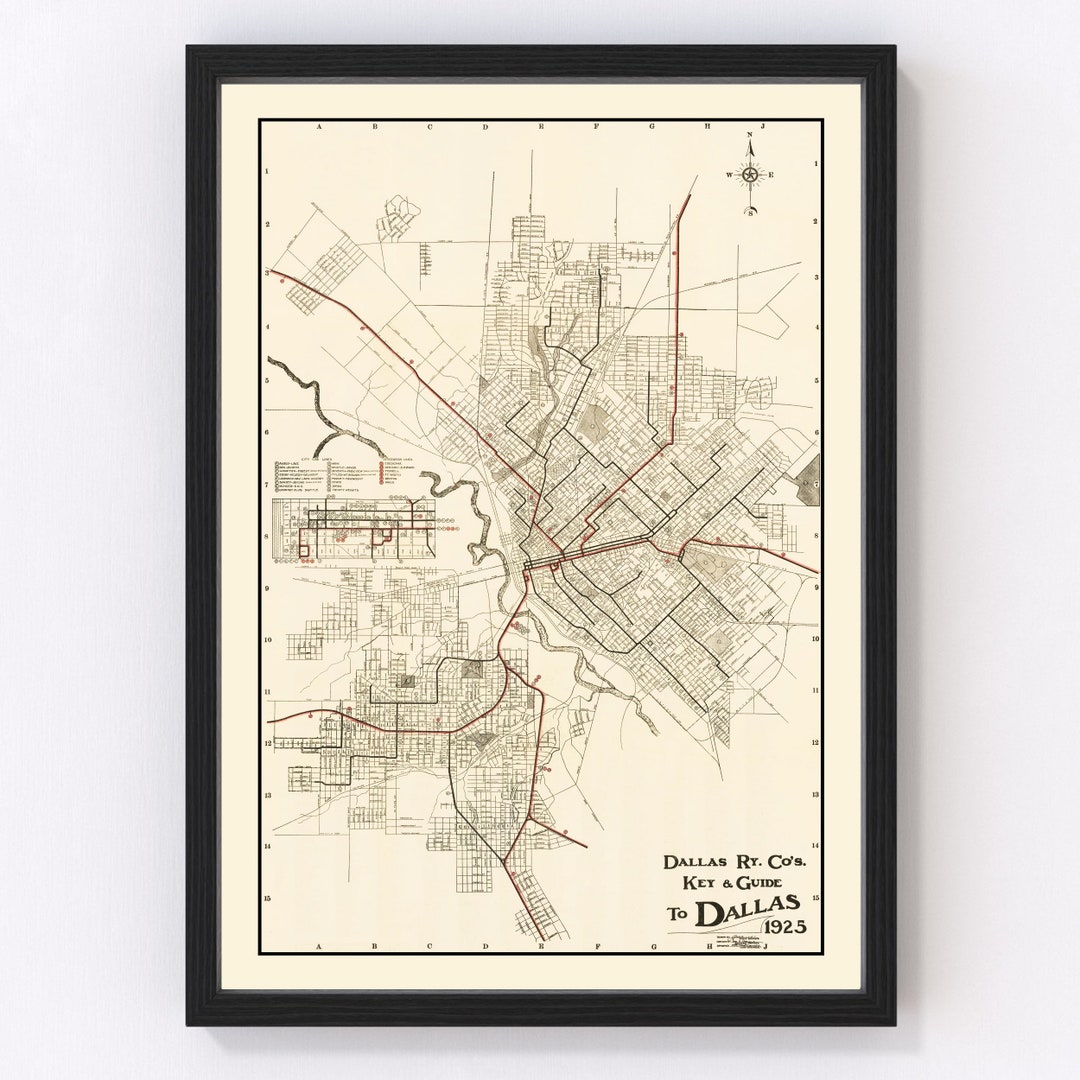Dallas Map 1925 - Old Map of Dallas Texas Art Vintage Print Framed ...