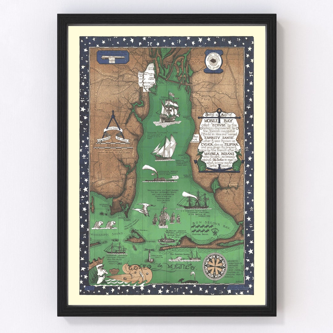 Mobile Bay Map 1937 - Old Map of Mobile Bay Art Vintage Print Framed ...