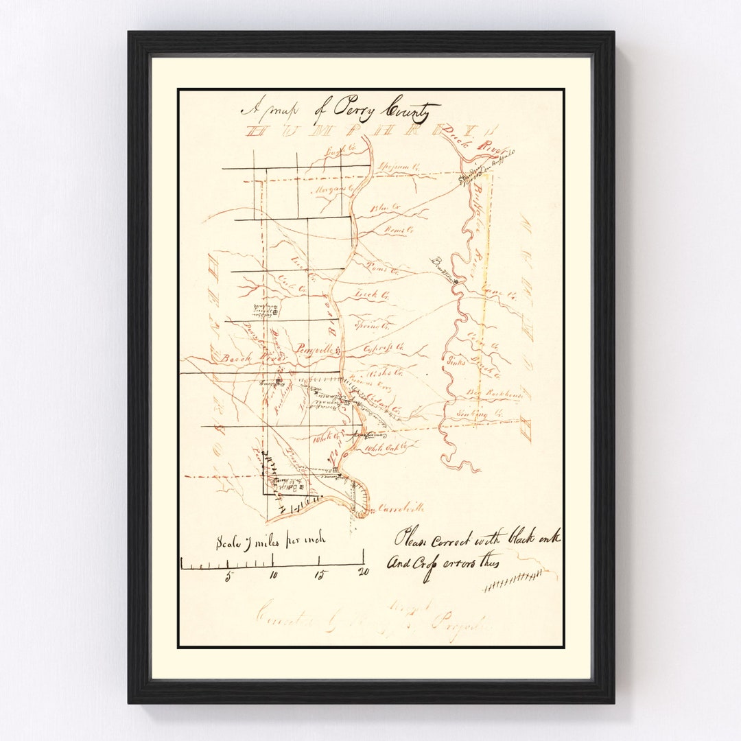 Perry County TN Map 1842 Old Map of Tennessee Art Vintage Print Framed ...