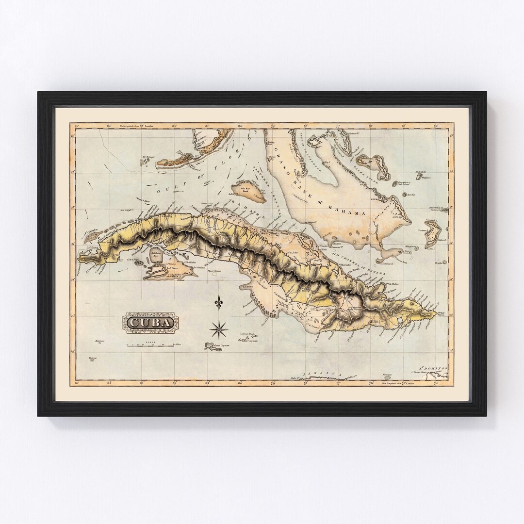 Cuba Map 1823 - Old Map of Cuba Art Print Framed Wall Art Vintage ...