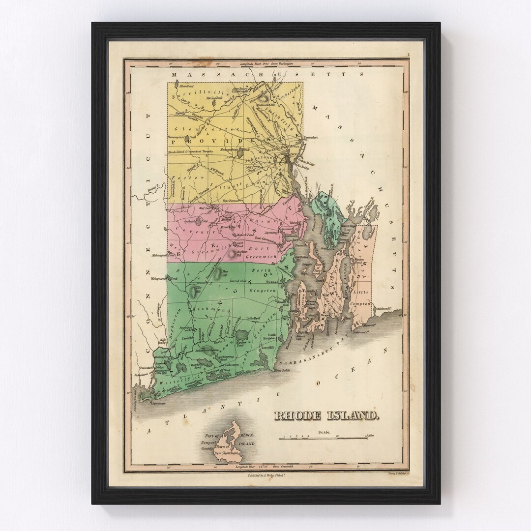 Rhode Island Map 1824 Old Map of Rhode Island Art Vintage Print Framed ...