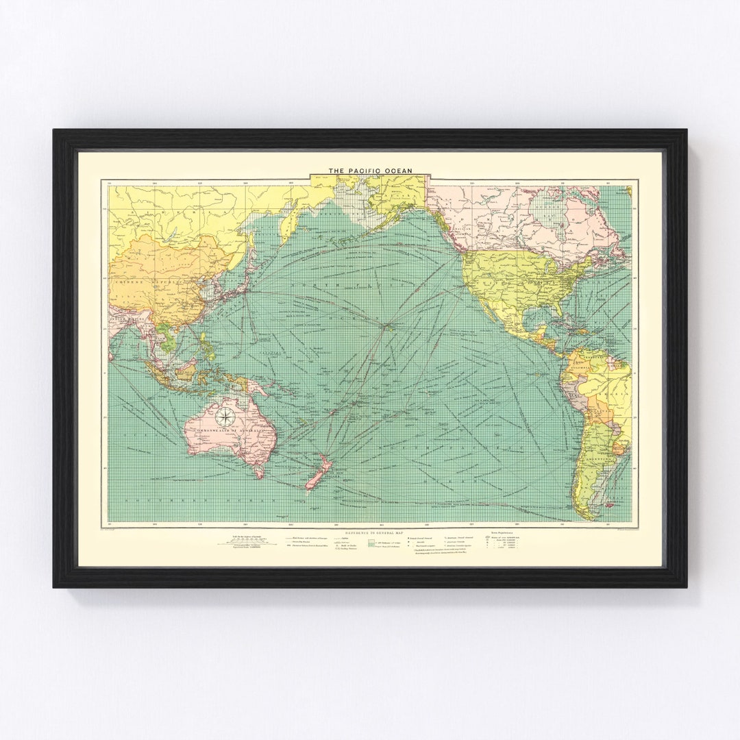 Pacific Ocean Map 1922, Vintage Pacific Ocean Map, Old Pacific Ocean ...