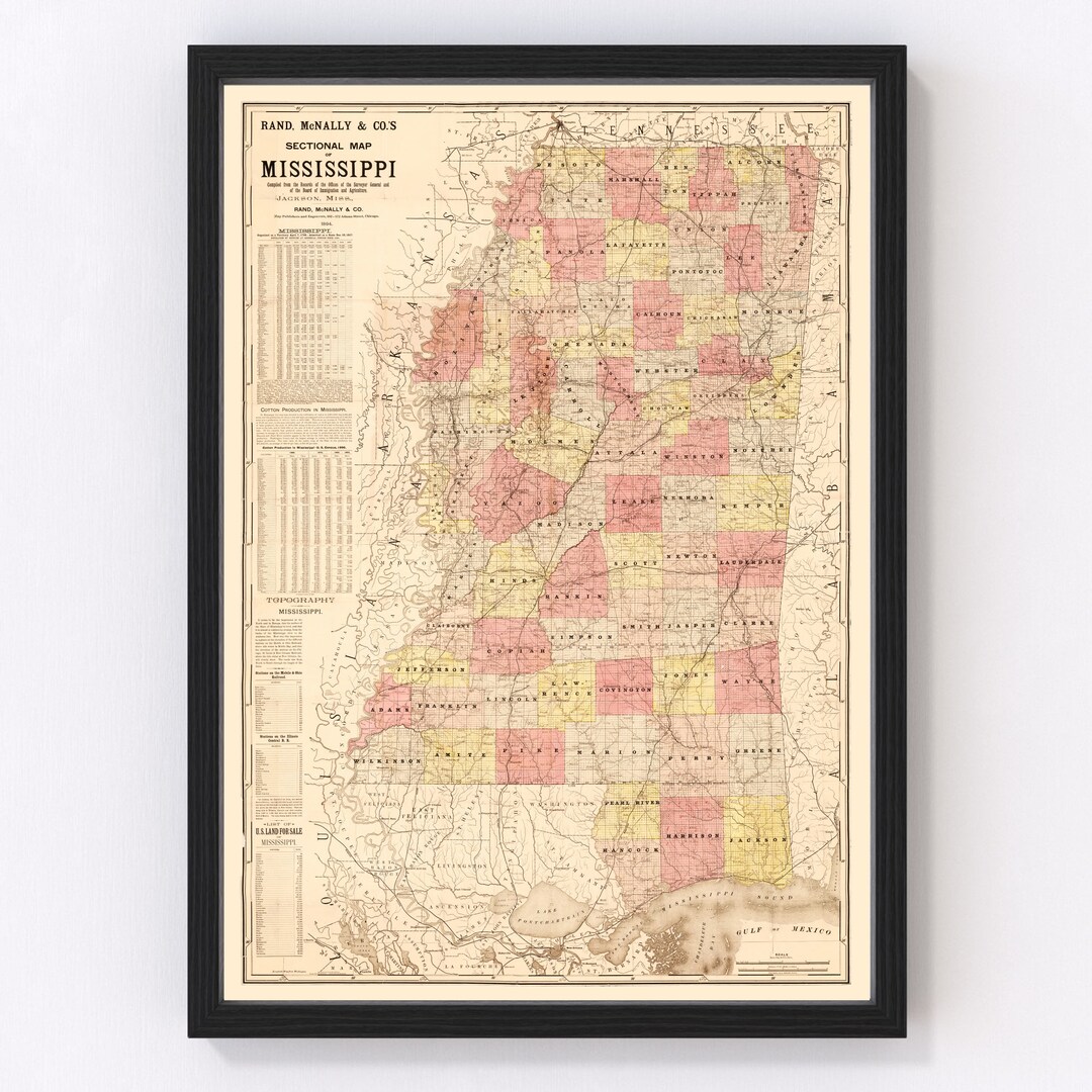 Mississippi Map 1892 - Old Map of Mississippi Art Vintage Print Framed ...