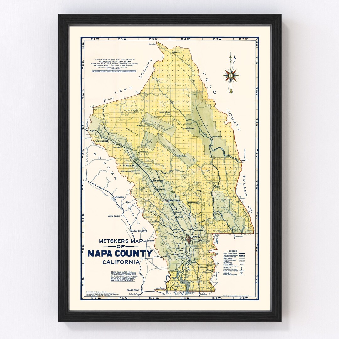 Napa County CA Map 1940 Old Map of California Art Vintage Print Framed ...