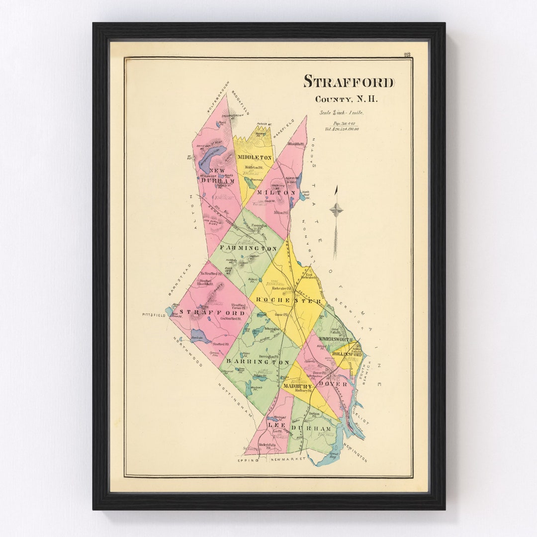 Strafford County NH Map 1892 Old Map of Dover New Hampshire Art Vintage ...