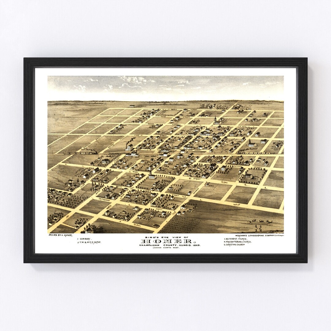 Homer Map 1869 Old Map of Homer Illinois Art Vintage Print Framed ...
