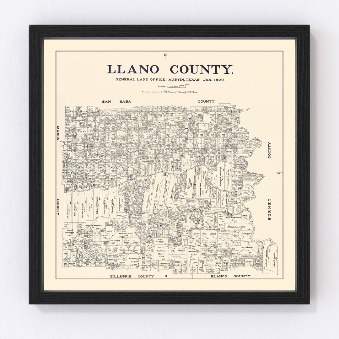 Llano County TX Map 1890 Old Map of Texas Art Vintage Print Framed ...