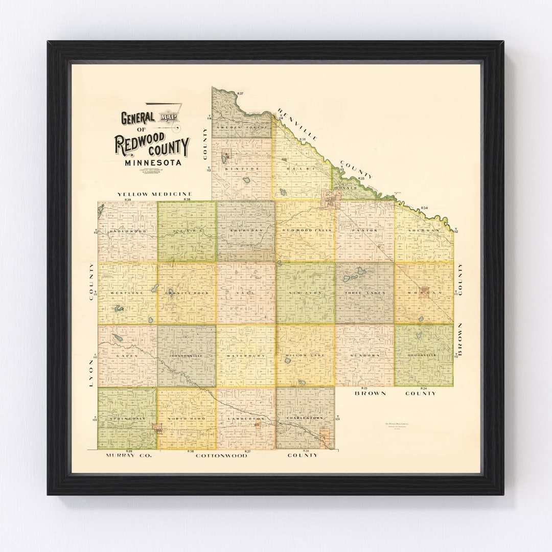 Redwood County Map 1898, Vintage Redwood County Map, Old Redwood County ...
