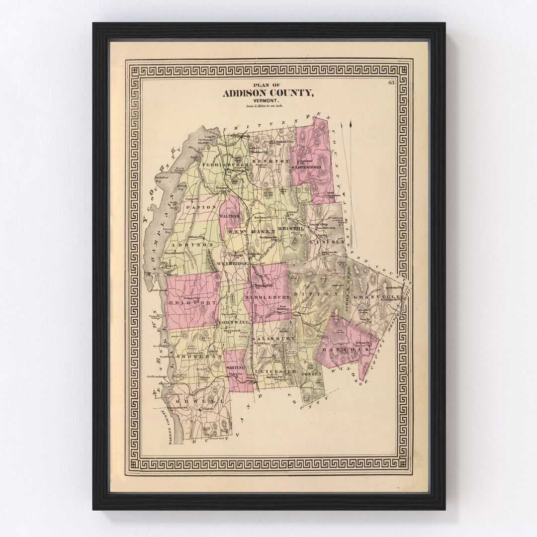 Addison County Map 1876, Vintage Addison County Map, Old Addison County ...