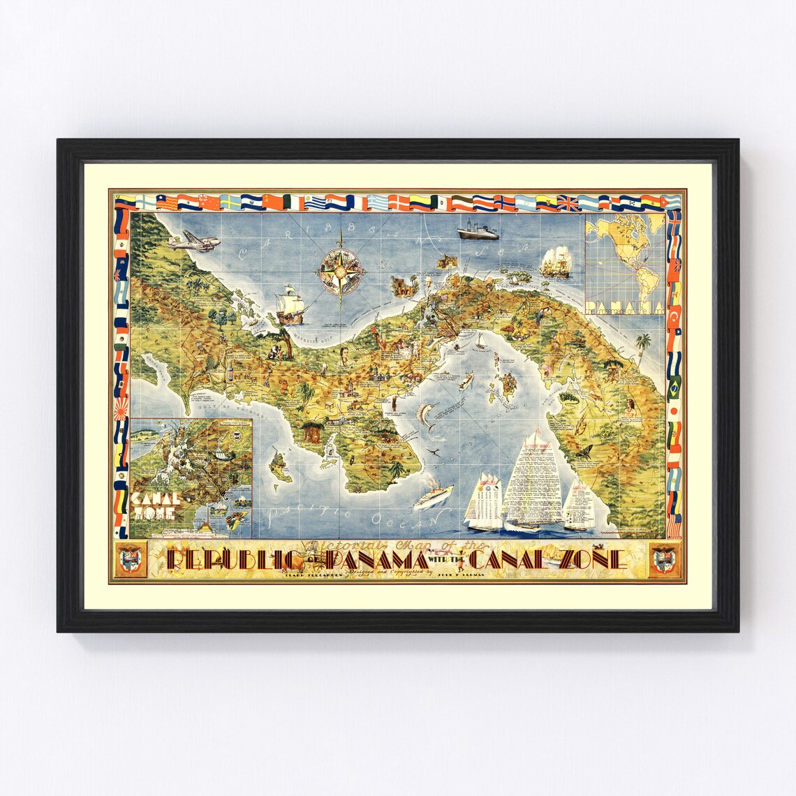 Panama Map Art - Vintage Print From 1939 - Old Panama Art - Framed or ...
