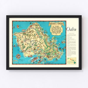 Oahu Map 1935 Old Map of Oahu Art Vintage Print Framed Wall Art Canvas ...