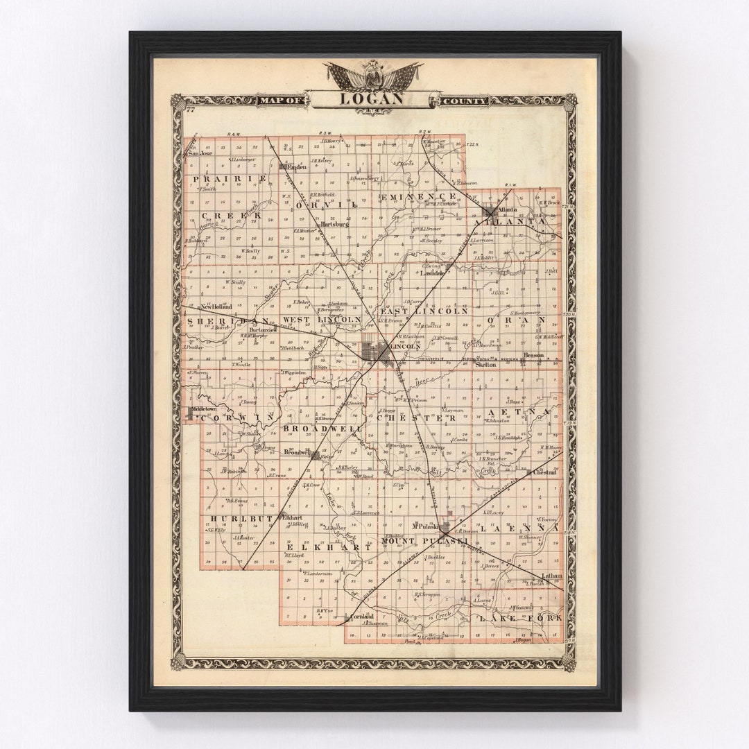 Logan County Map 1876, Vintage Logan County Map, Old Logan County ...