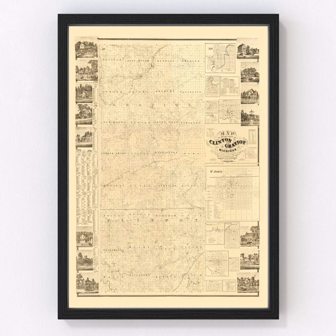 Clinton County Michigan Map 1864 Old Map of Clinton County Michigan Art ...