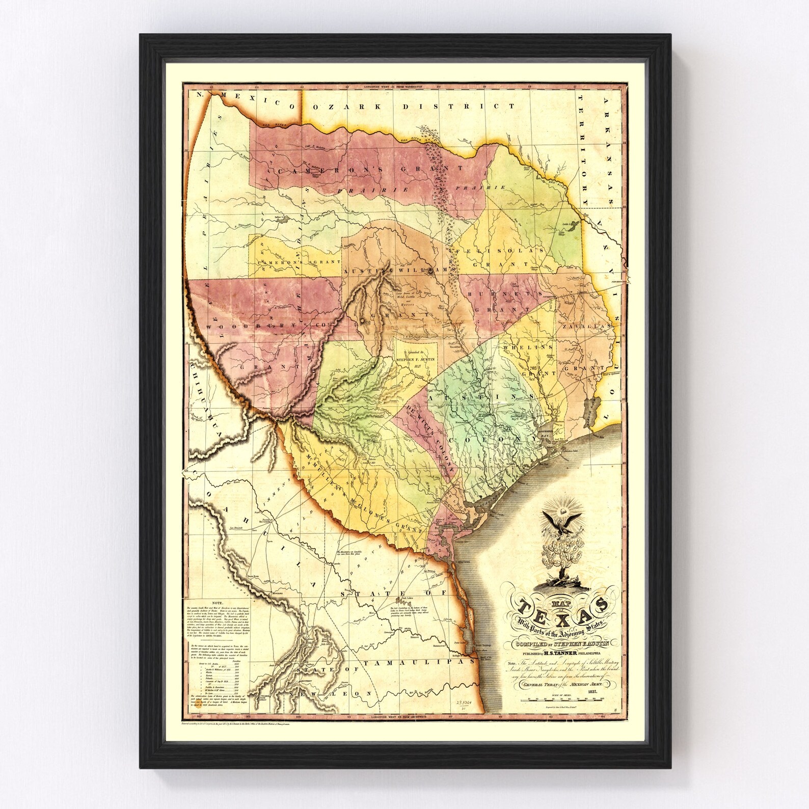 Texas Map 1837 Old Map of Texas Art Vintage Print Framed - Etsy