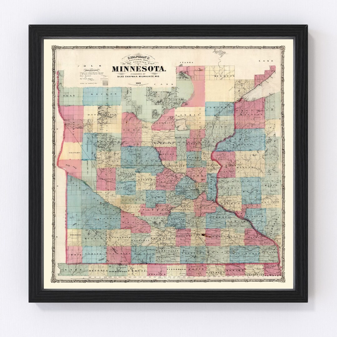 Minnesota Map 1868, Vintage Minnesota Map, Old Minnesota Art, Wall Art ...