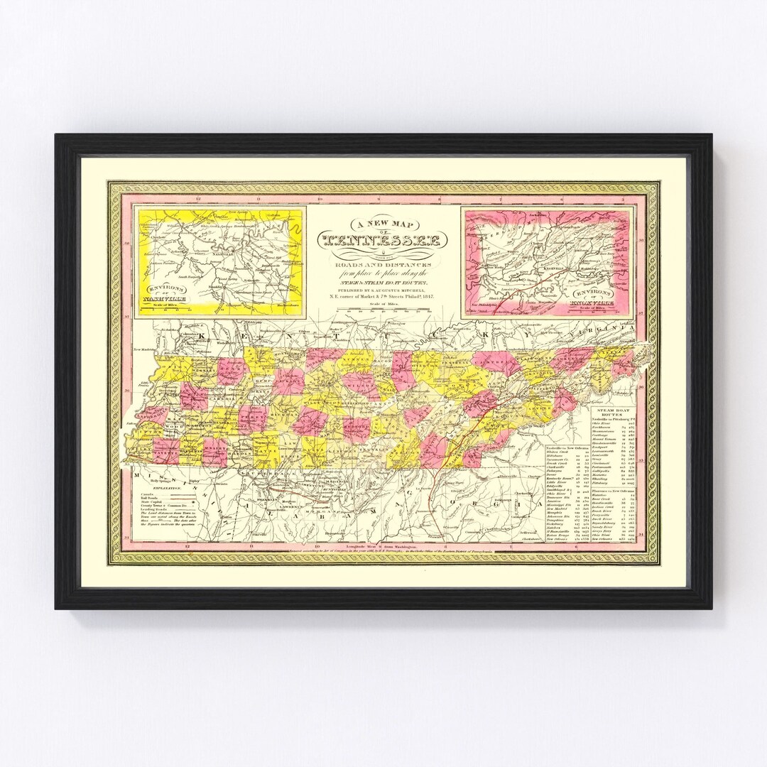 Tennessee Map 1847 Old Map of Tennessee Art Vintage Print Framed Wall ...