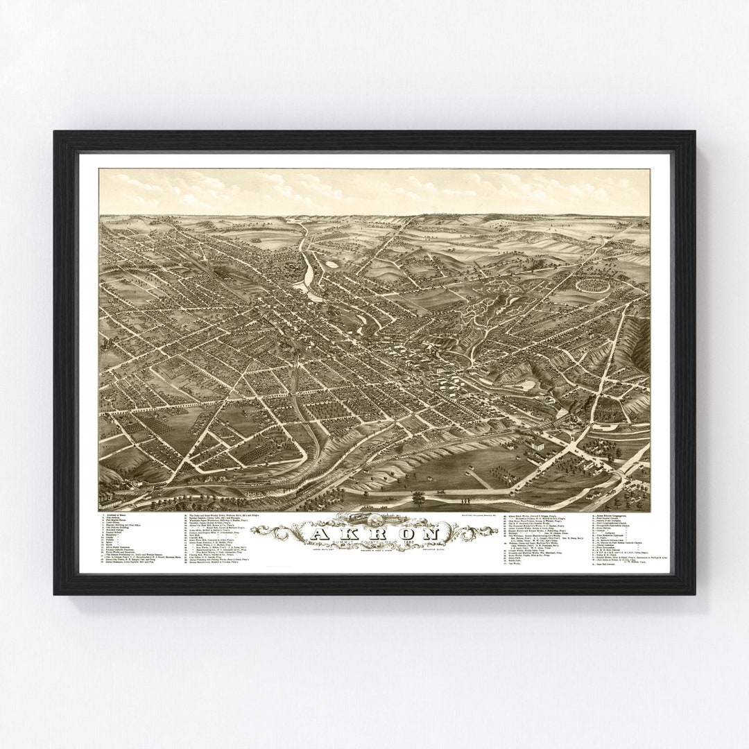 Akron Map 1882 - Old Map of Akron Ohio Art Vintage Print Framed Canvas ...
