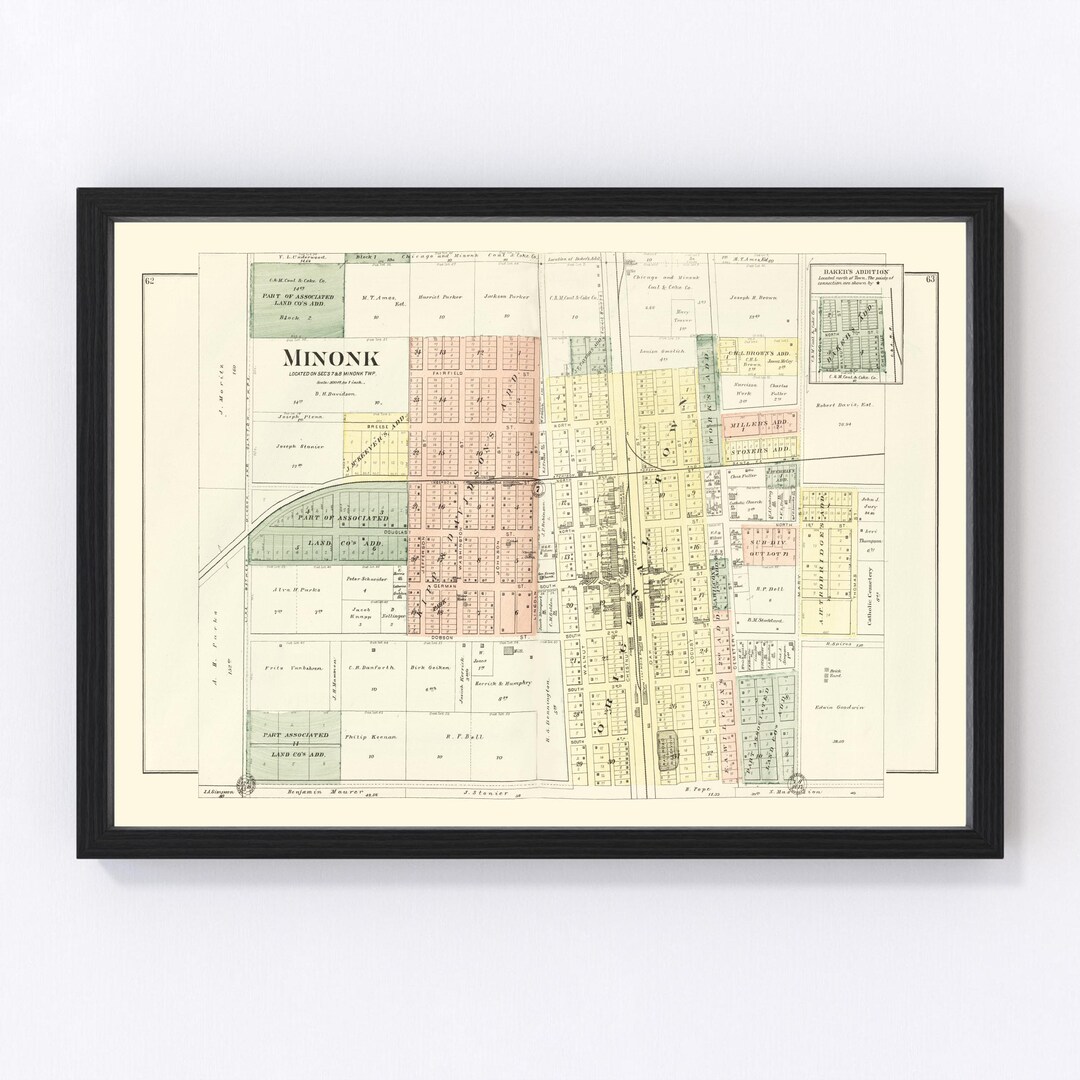 Minonk Map 1893 Old Map of Minonk Illinois Art Vintage Print Framed ...