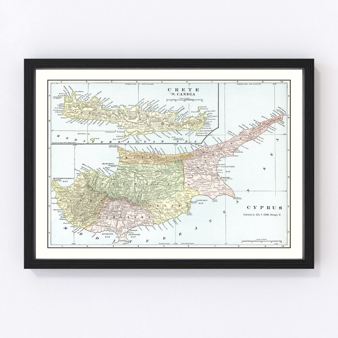 Cyprus and Crete Map Art Vintage Print From 1901 Old Cyprus and Crete ...