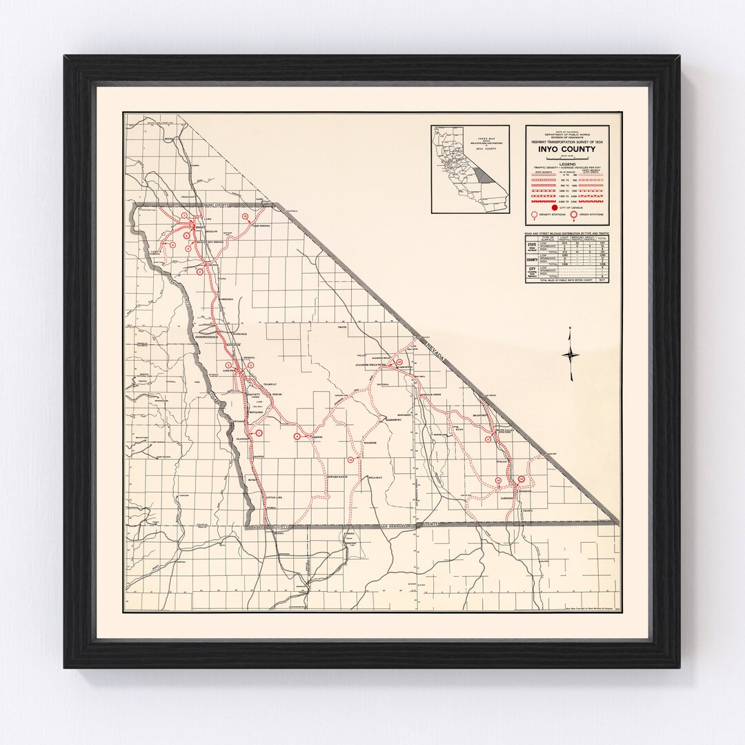 Inyo County CA Map 1935 Old Map of California Art Vintage Print Framed ...