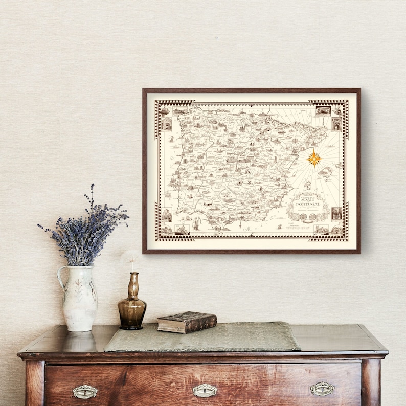 Spain Map 1935 - Old Map of Spain Art Print Framed Wall Art Vintage ...