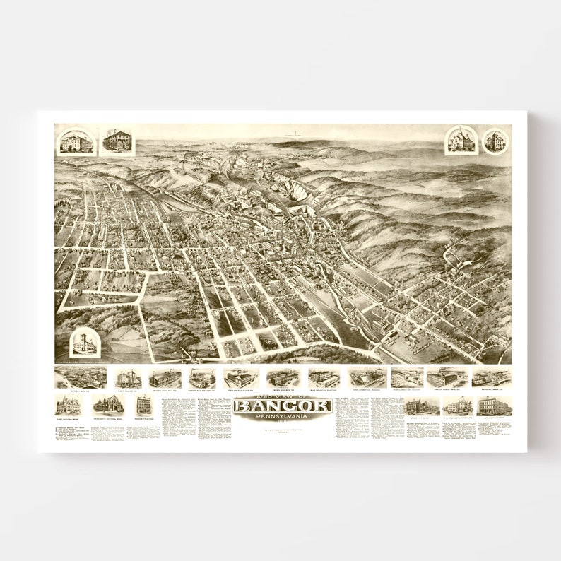 Bangor Map 1918, Vintage Bangor Map, Old Bangor Pennsylvania Art, Wall ...