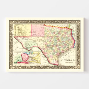 Texas Map 1860, Vintage Texas Map, Old Texas Art, Wall Art Gift for ...