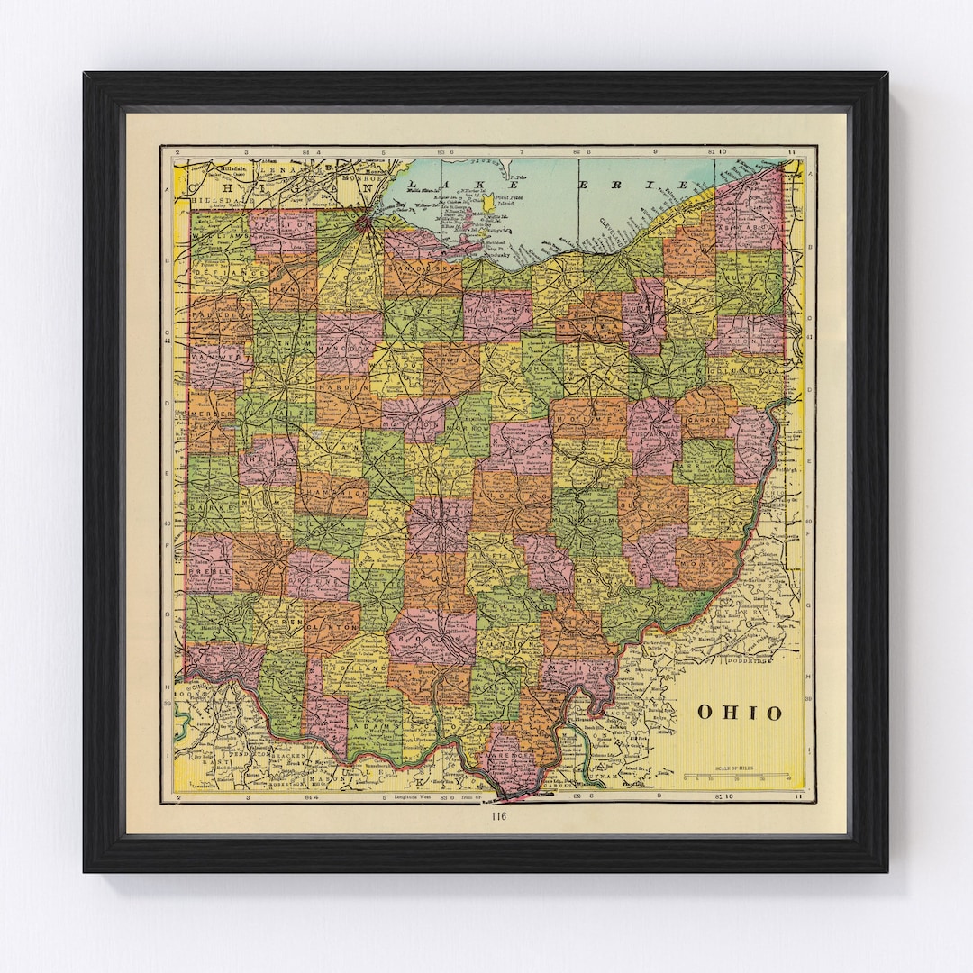 Ohio Map 1909, Vintage Ohio Map, Old Ohio Art, Wall Art Gift for Ohio ...