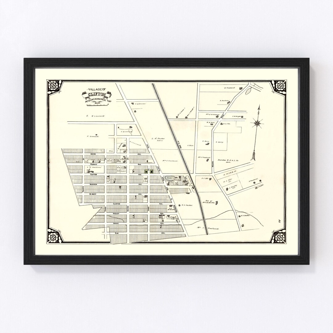 Clifton Map 1877, Vintage Clifton Map, Old Clifton New Jersey Art, Wall ...