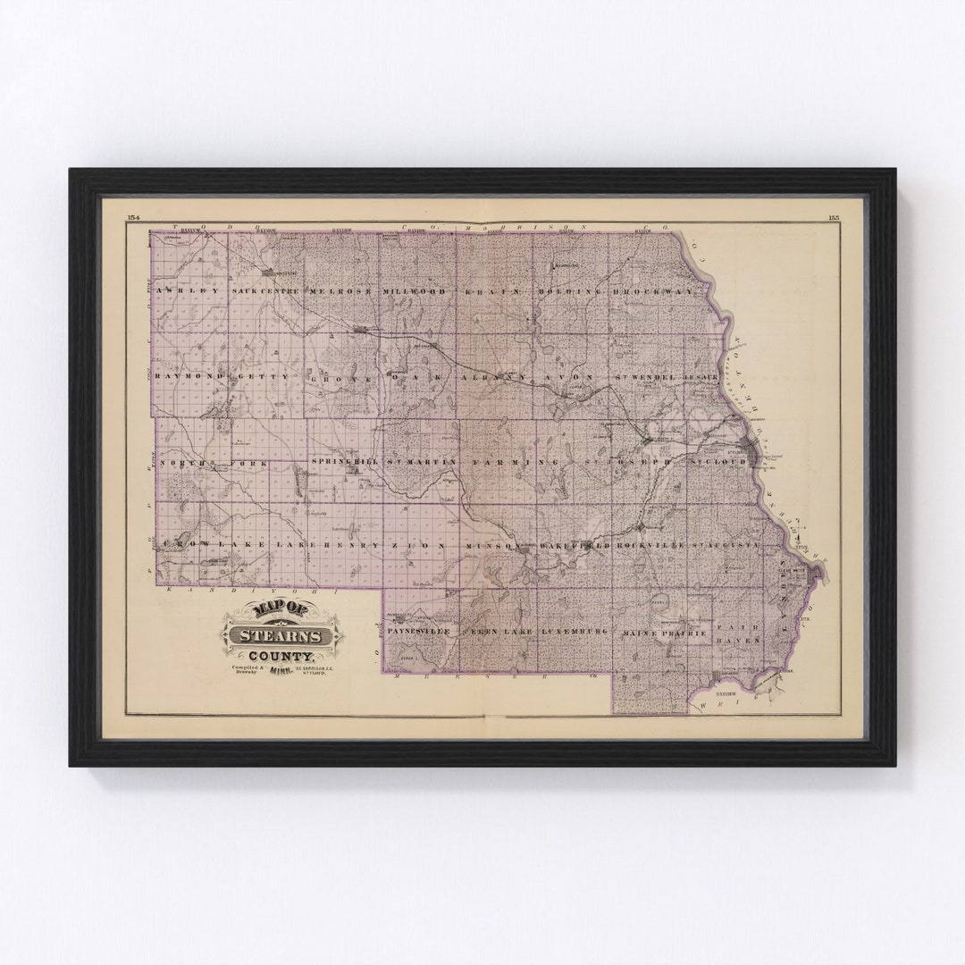 Stearns County Map 1874, Vintage Stearns County Map, Old Stearns County ...