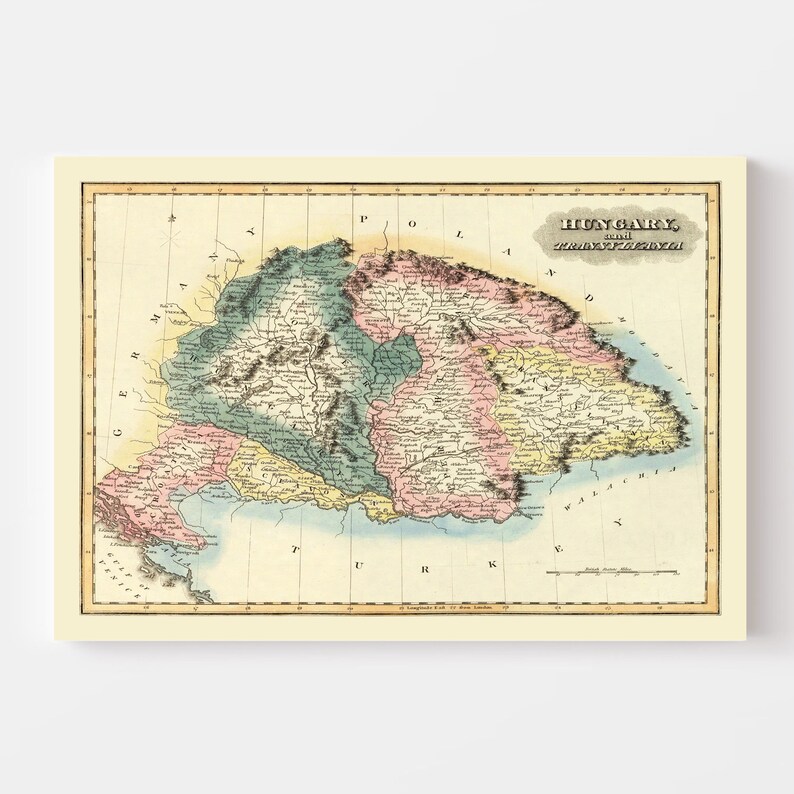 Hungary & Romania Map 1823 - Old Map of Hungary and Romania Art Print ...