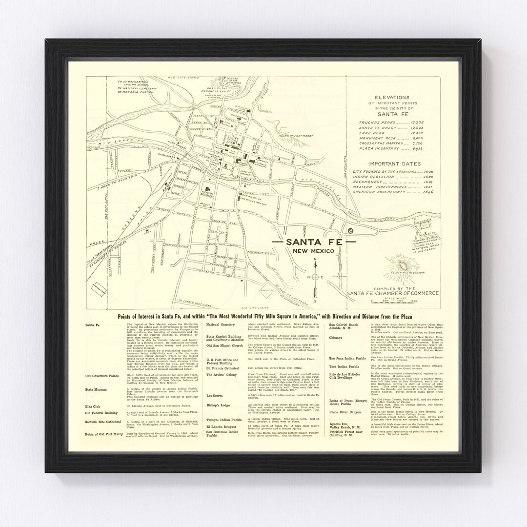 Santa Fe Map 1925, Vintage Santa Fe Map, Old Santa Fe New Mexico Art ...