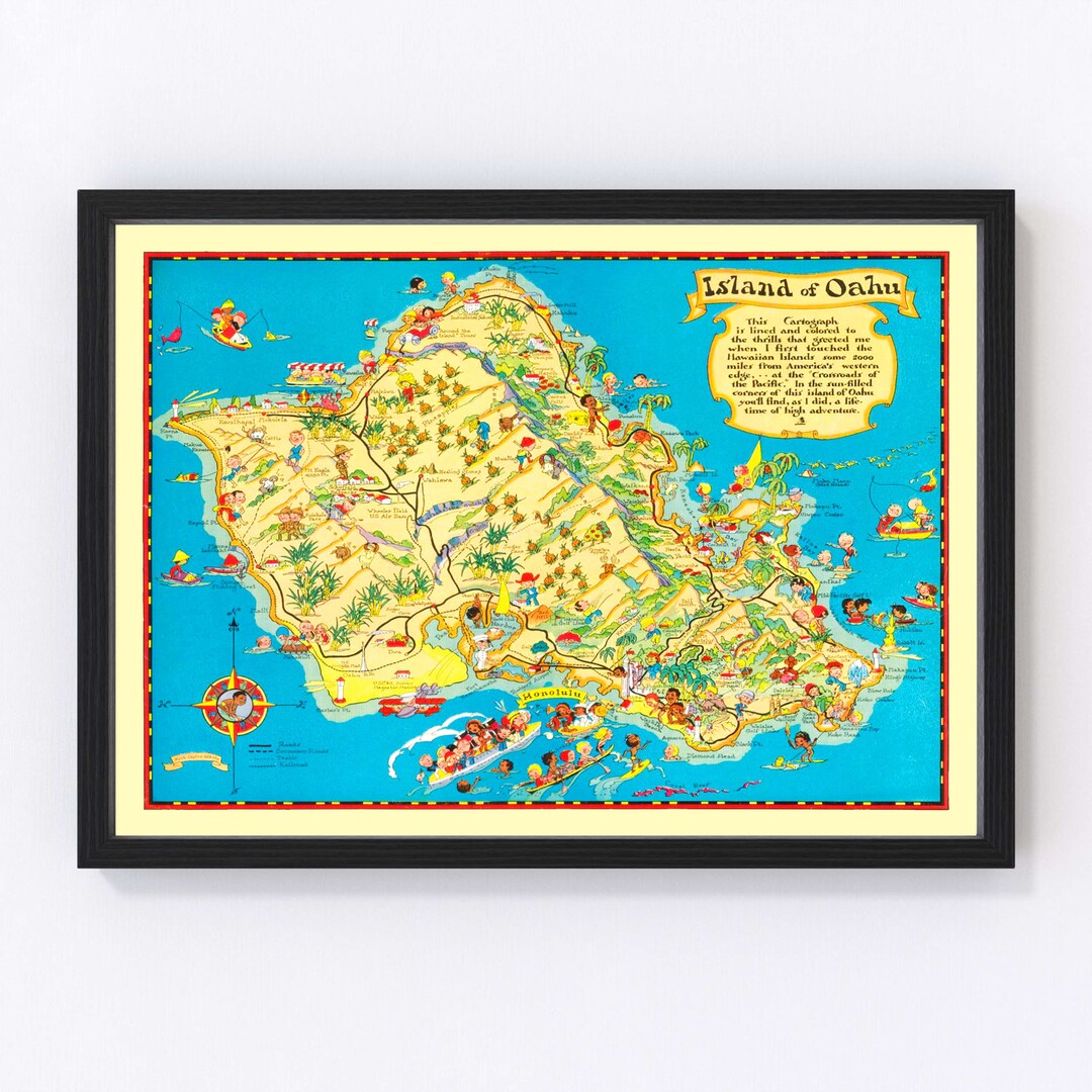 Oahu Map 1931 Old Map of Oahu Art Vintage Print Framed Wall Art Canvas ...