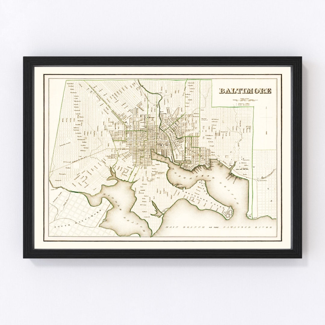 Baltimore Map 1838 Old Map of Baltimore Maryland Art Vintage Print ...